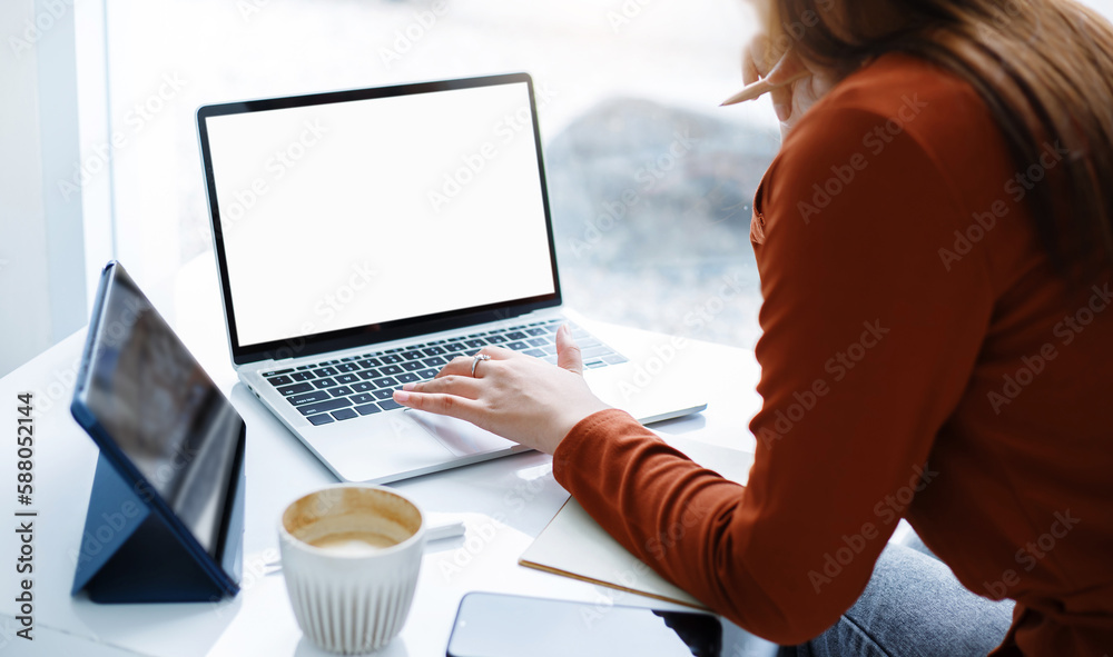 Asian teenage woman study online class at home with laptop computer and ...