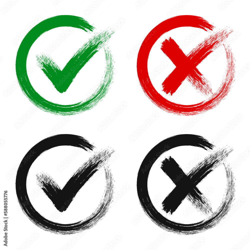 Check mark, tick and cross brush signs, green checkmark OK and red X ...