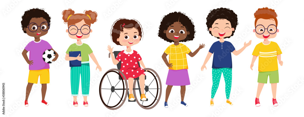 A group of multicultural kids are talking to each other. Children greet ...