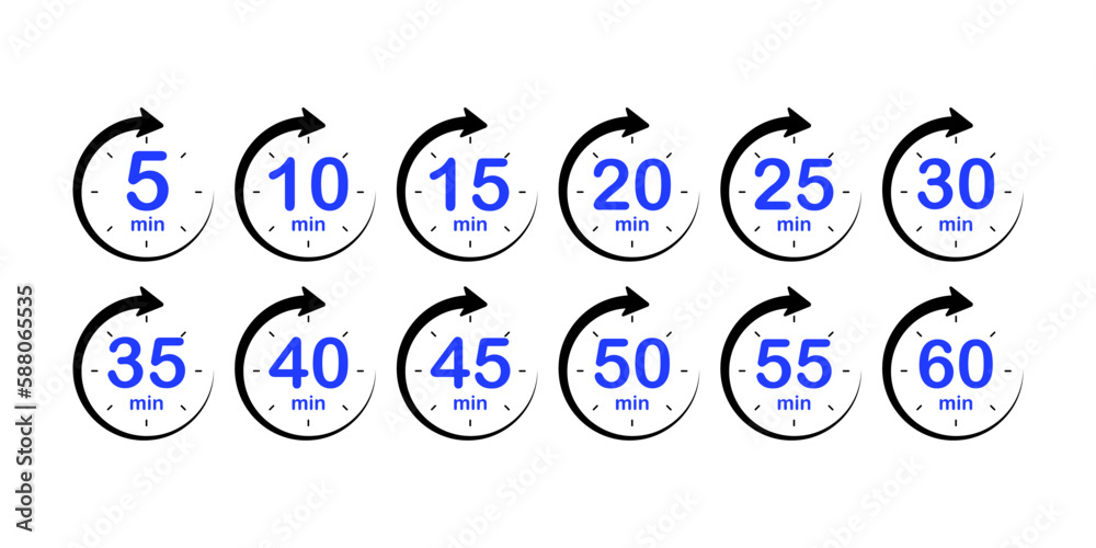 Timer, clock, stopwatch isolated set icons with different time ...