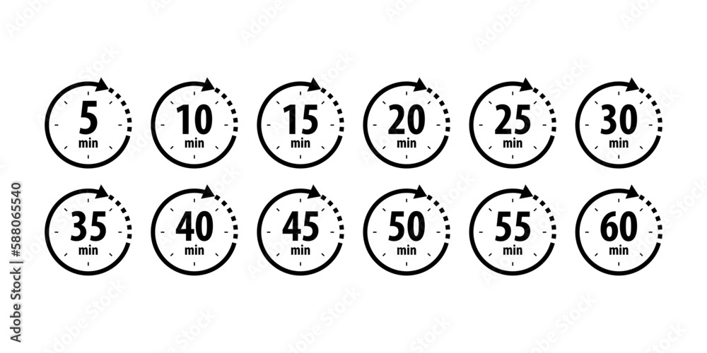 Timer, clock, stopwatch isolated set icons with different time ...