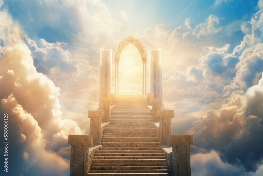 Conceptual image of an entrance to heaven with a stairway leading to ...