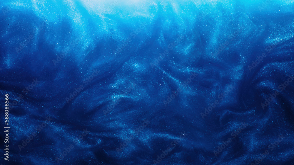 Glitter fluid. Paint water. Ink wave. Sea storm. Blue color glowing ...