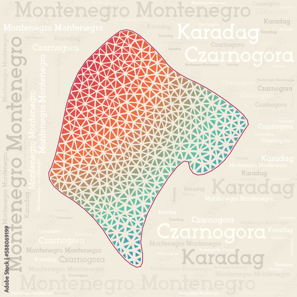 MONTENEGRO map design. Country names in different languages and map ...