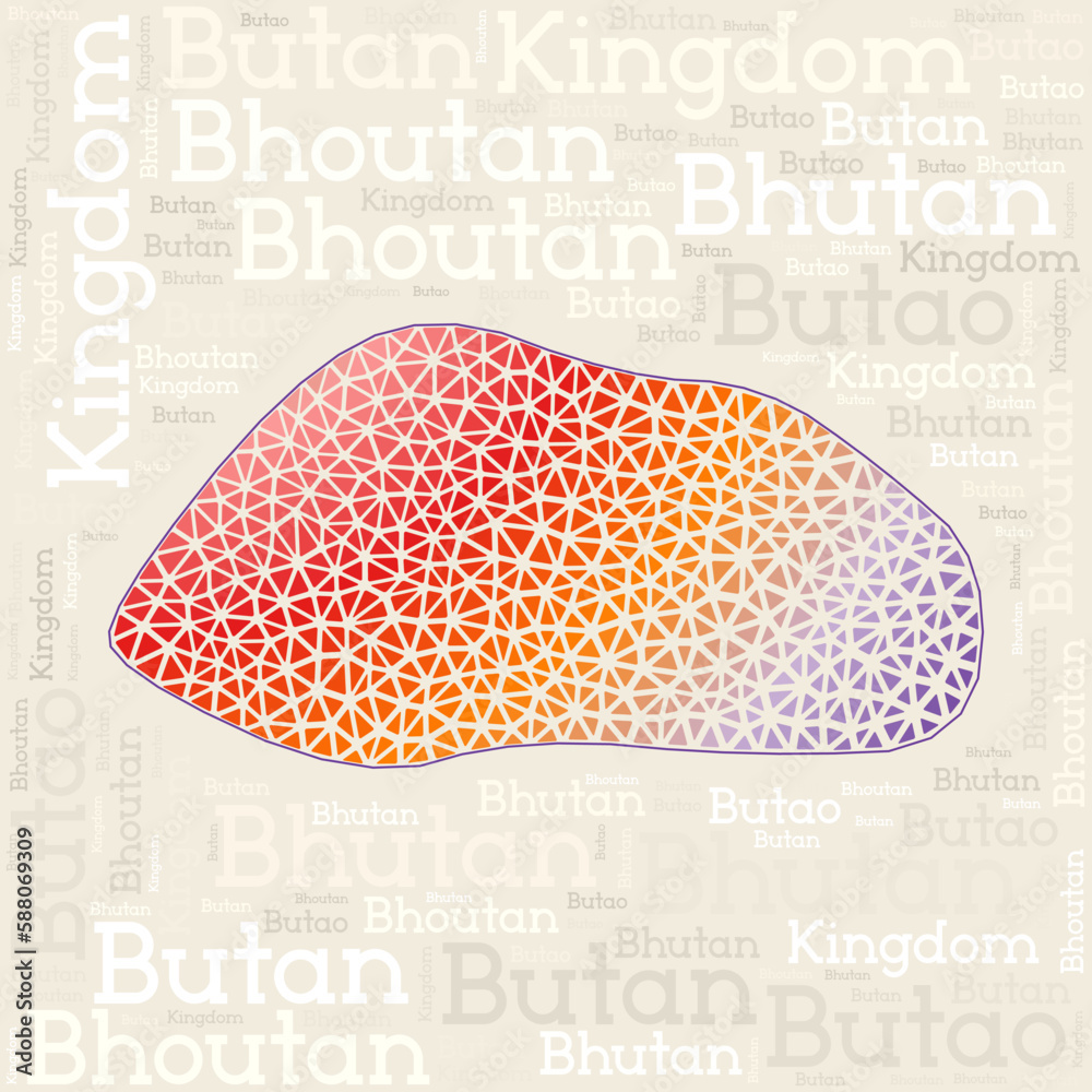 BHUTAN map design. Country names in different languages and map shape ...