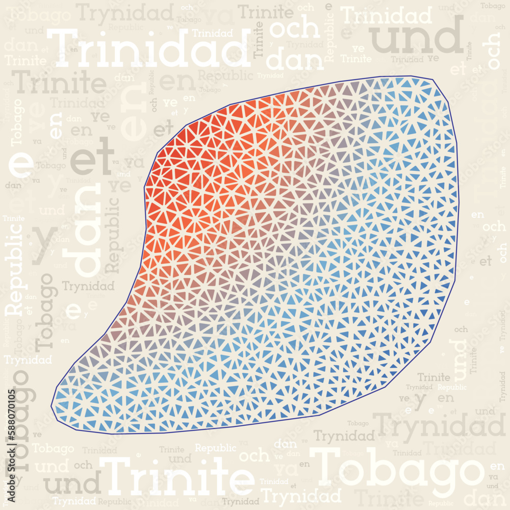 TRINIDAD AND TOBAGO map design. Country names in different languages ...