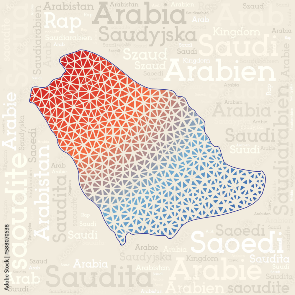 SAUDI ARABIA map design. Country names in different languages and map ... SAUDI ARABIA map design. Country names in different languages and map ...