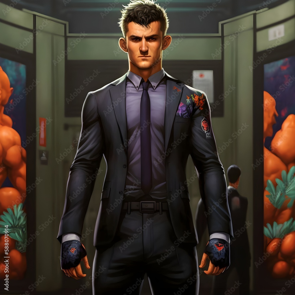 wearing a black suit Beserk anime style atompunk ray tracing high ...