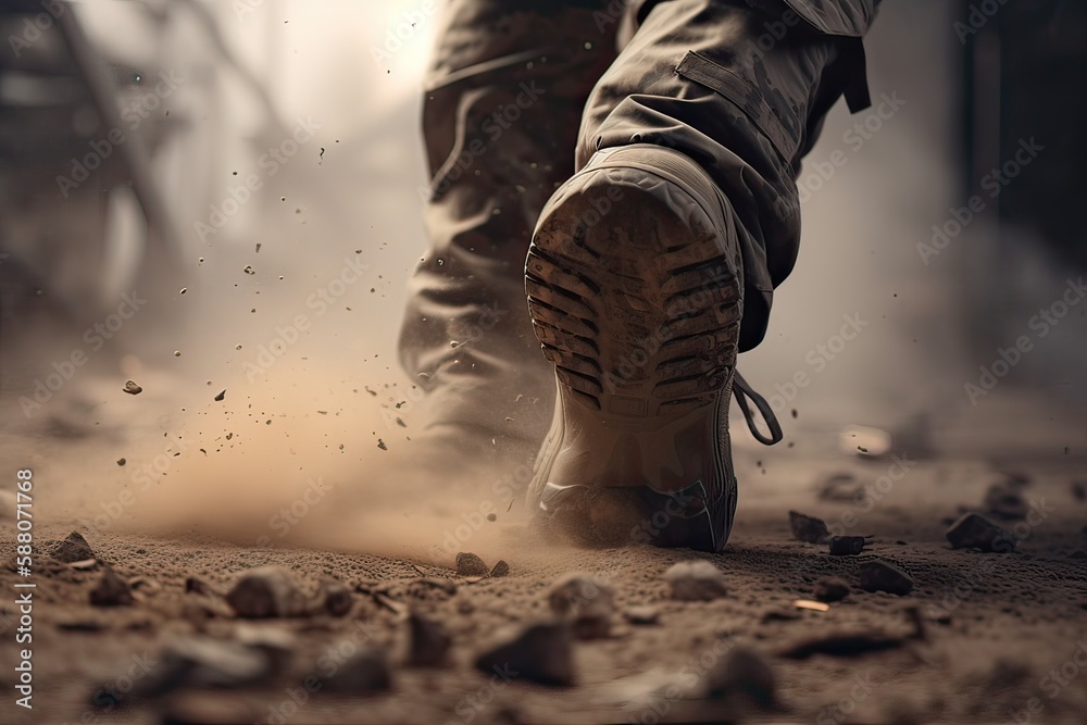 close up Illustration of a military man walking on an empty destroyed ...