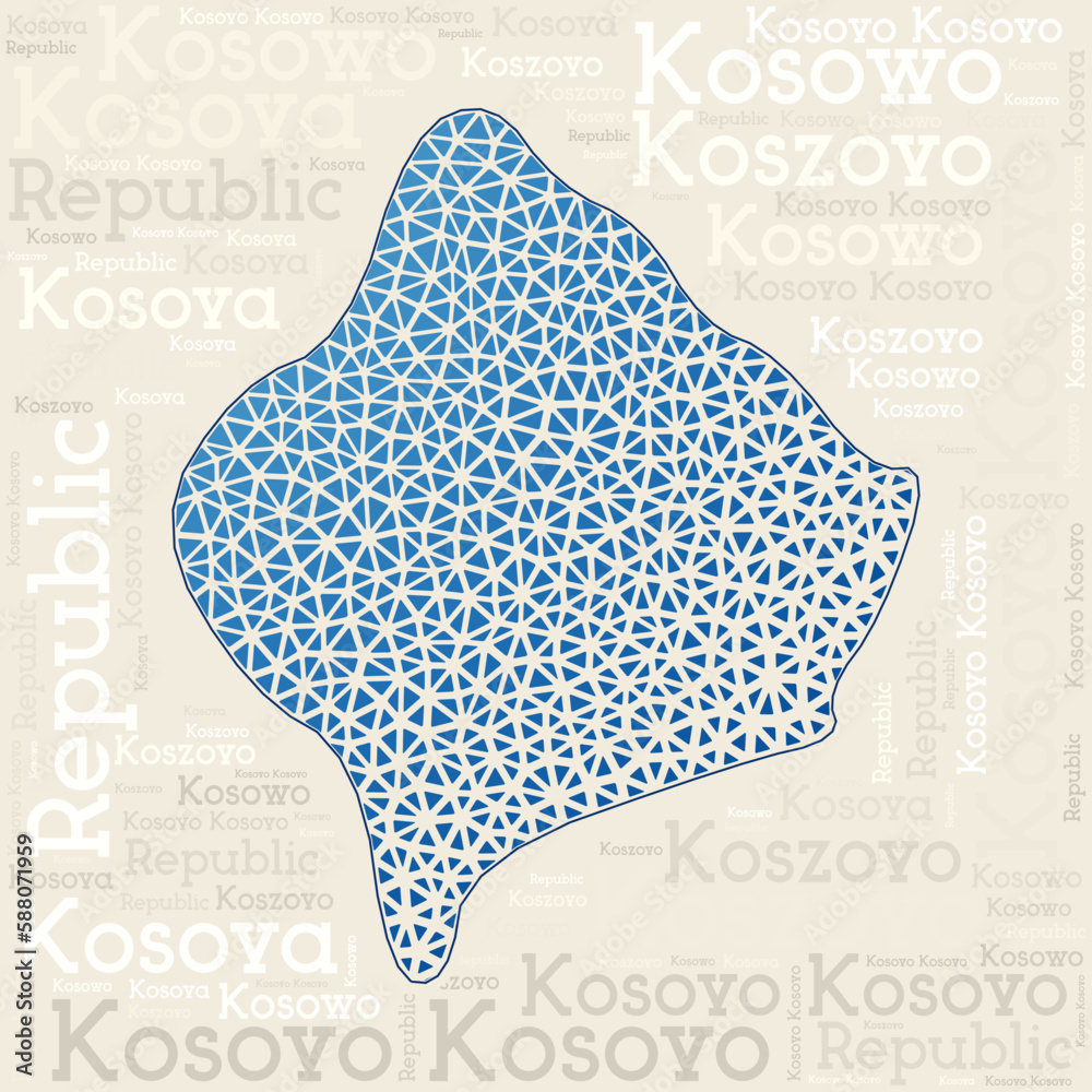 KOSOVO map design. Country names in different languages and map shape ...
