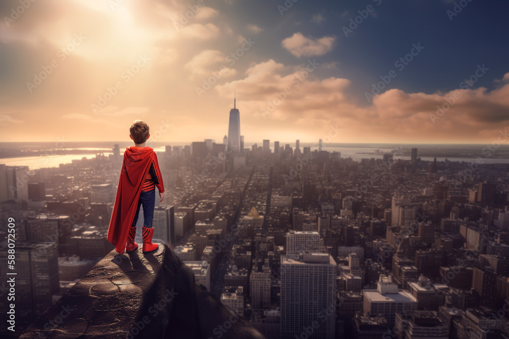 Little child boy plays superhero. Back view, Child on top building ...