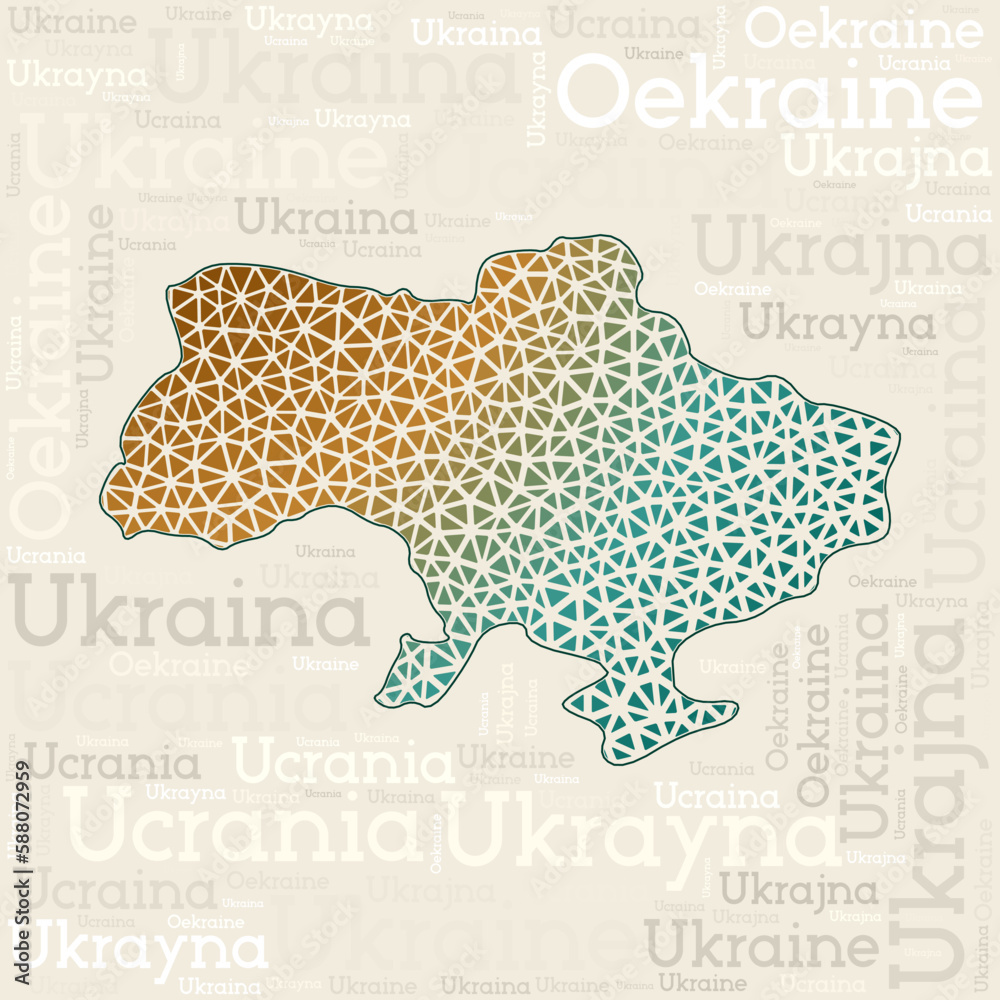 UKRAINE map design. Country names in different languages and map shape ...