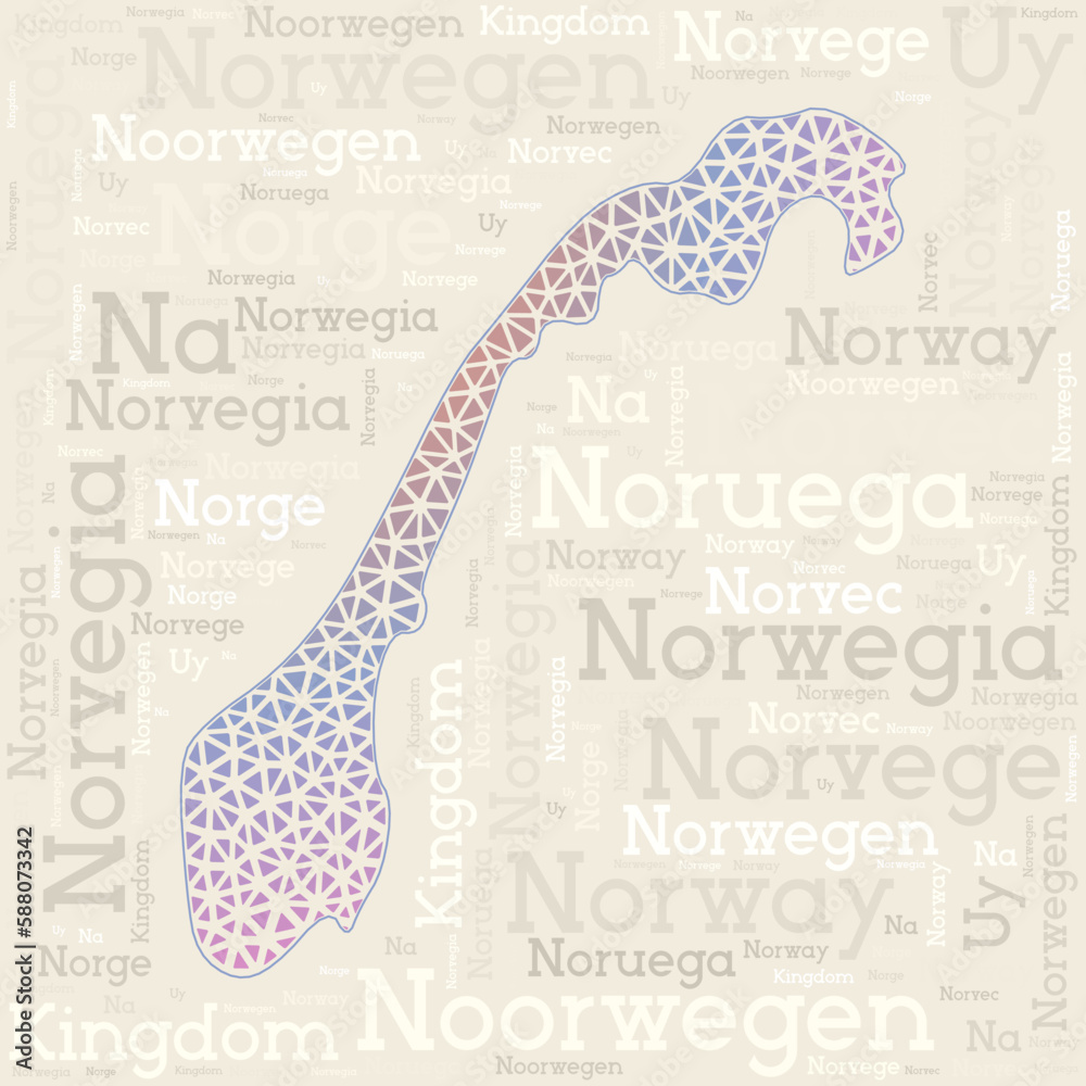 NORWAY map design. Country names in different languages and map shape ...