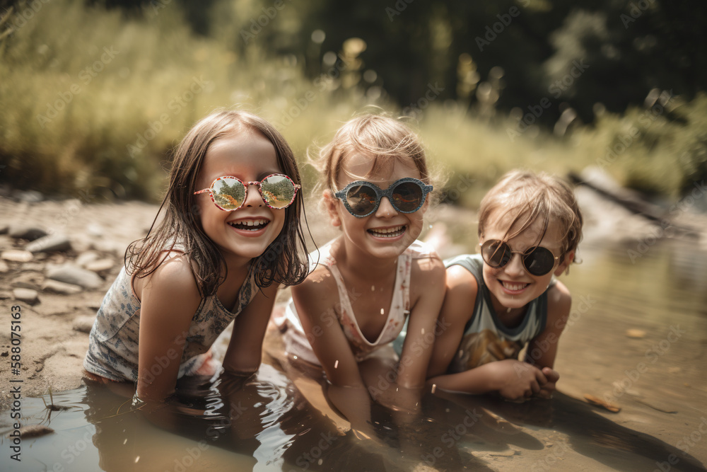 Happy children having fun on the summer river. Kids playing in water ...