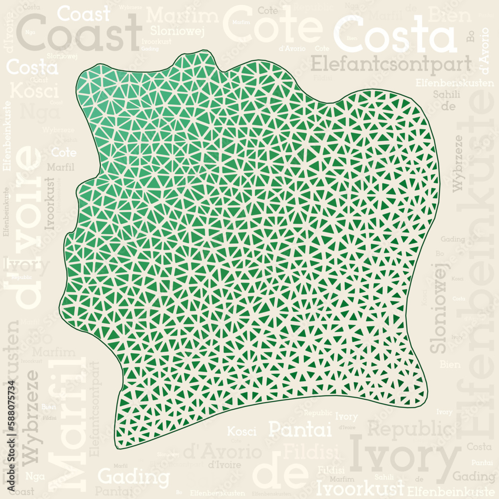 IVORY COAST map design. Country names in different languages and map ...