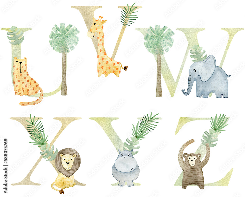 Watercolor cute safari animals letters for greeting card, nursery ...
