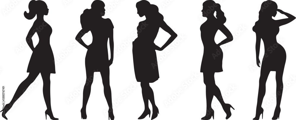 Beautiful young women stand in elegant poses. Set of silhouettes of ...