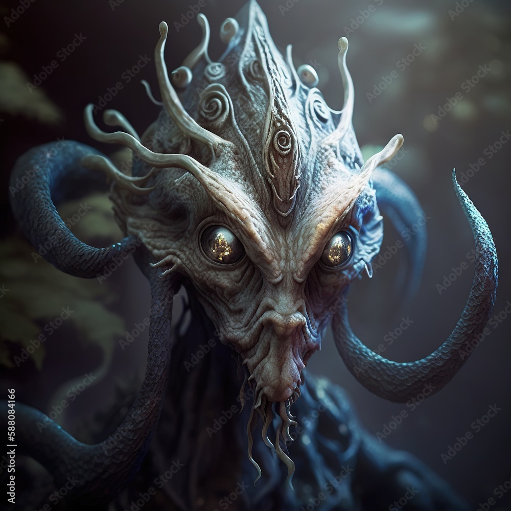 A creepy and eerie alien being with pale scaly skin and a elongated ...