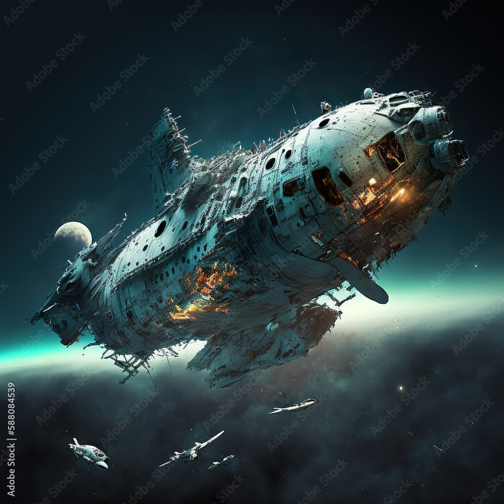 A eerie ghost spaceship soaring through outer space between floating ...