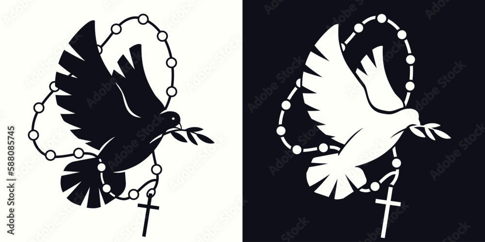 Laser cutting template. Dove with olive branch and rosary beads with a ...