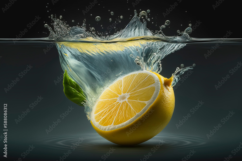 fresh lemon flying on water surface with strong splash of water drops ...