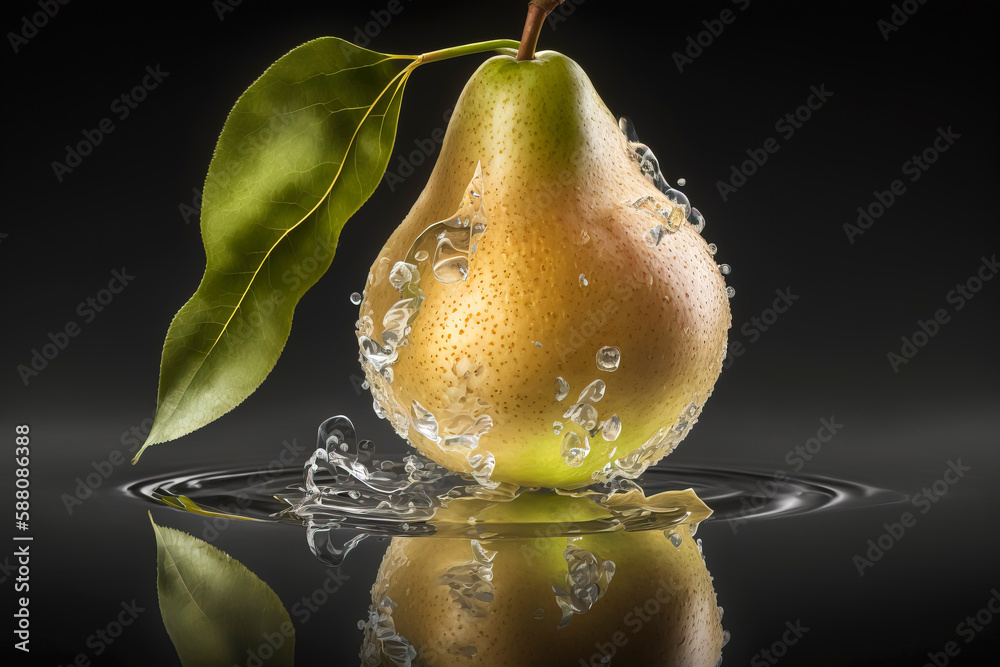 fresh pear flying on water surface with strong splash of water drops ...