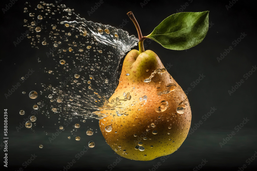 healthy life, pear falling into the water and splashing drops of fresh ...