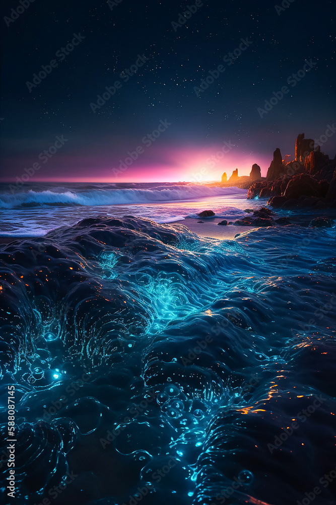Surreal Fantasy Bioluminescence Planktons Glowing in The Dark, At a Sea ...