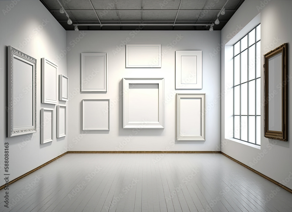 empty room with multiple white blank mock up frames, ai generative Stock Illustration | Adobe Stock