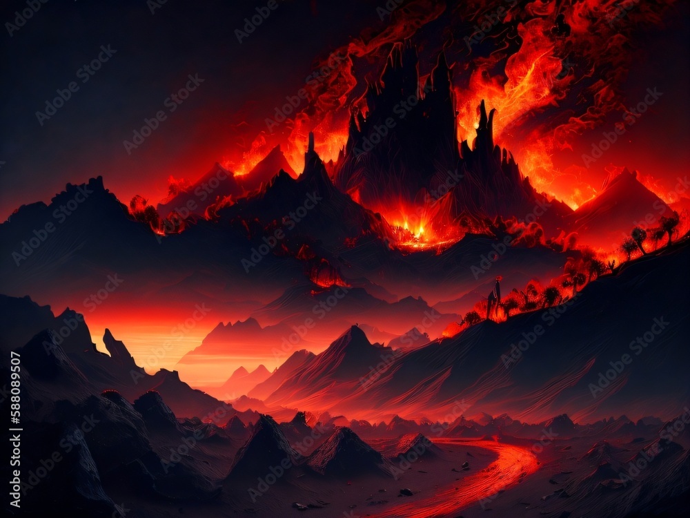 Underground hell landscape. Digital illustration of fantasy environment ...