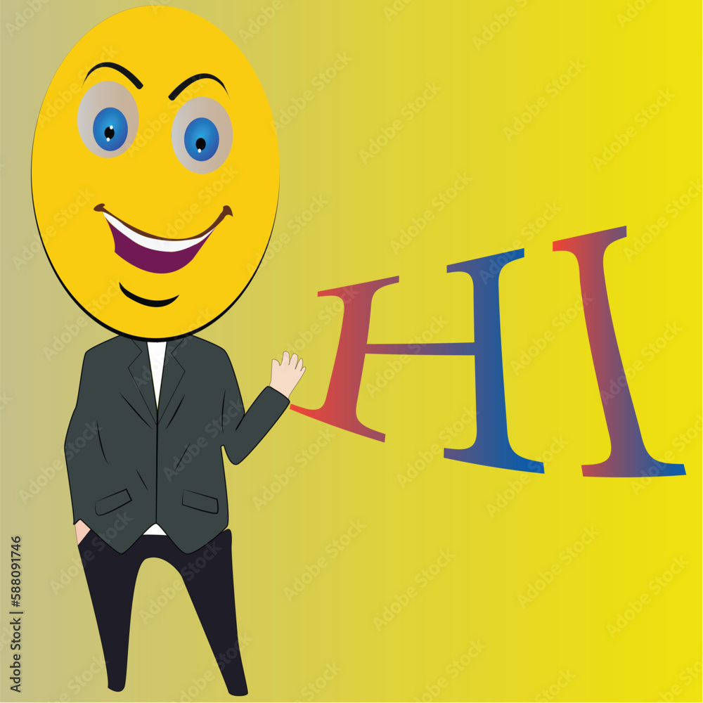 Cartoon character emoji smile happy face say hi illustration, vector ...