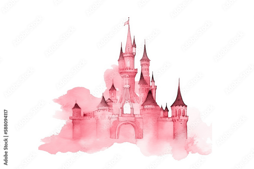 Pink fairy tale castle watercolor painting illustration. Prince and ...