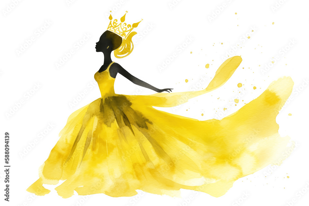 Princess in yellow dress watercolor painting illustration. Fairy tale ...