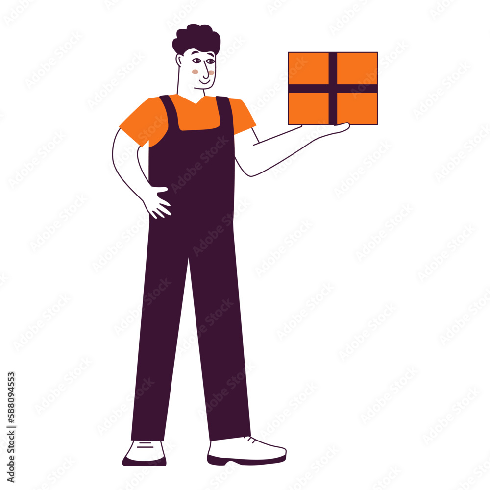 Man holding a package box.Delivery man.A postman with a box.Outline ...