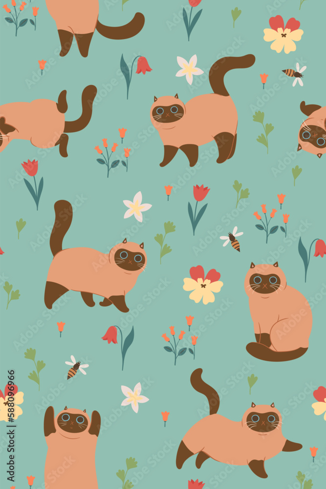 Seamless pattern with cute Siamese cats and flowers. Vector graphics ...