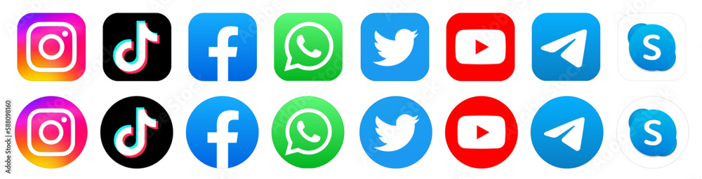 Instagram, TikTok, Facebook, Whatsapp, Twitter, YouTube, Telegram and Skype app icons. Set of ...