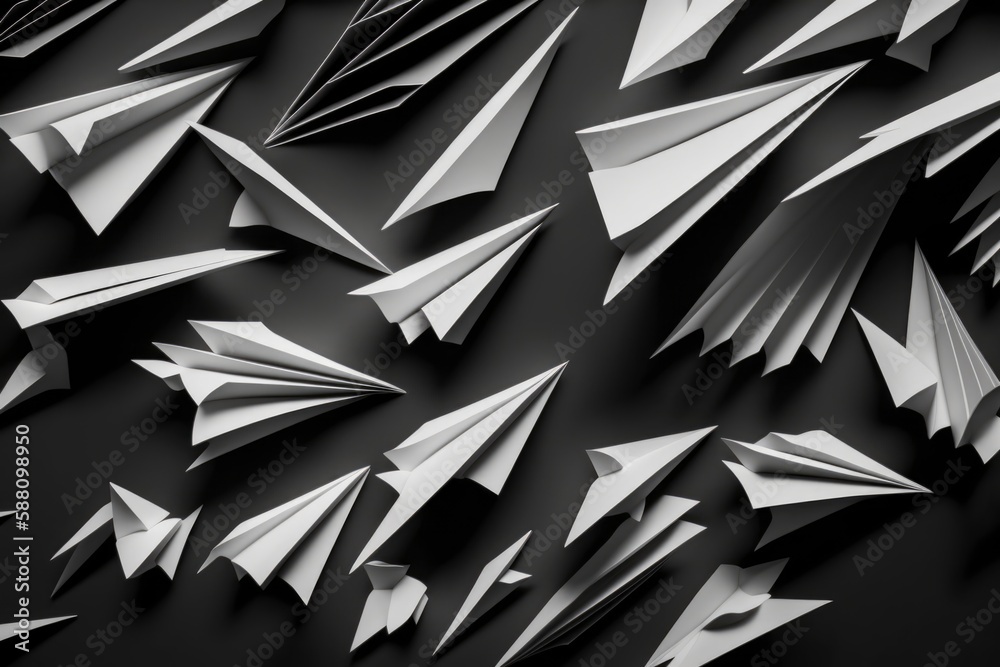 paper planes on black background isolated, shapes pattern monochromatic ...