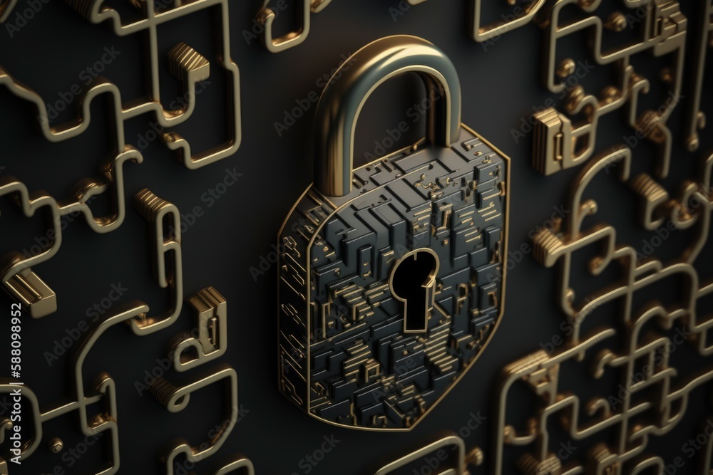 Giant high detailed golden lock, Abstract metal lock mechanism see thru ...