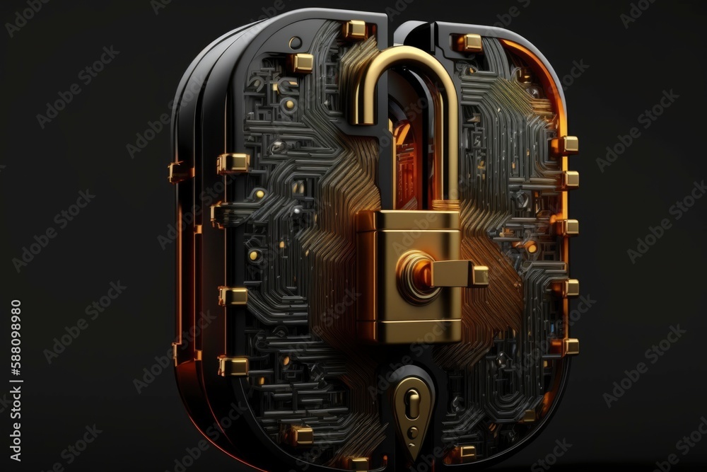 Giant high detailed golden lock, Abstract metal lock mechanism see thru ...