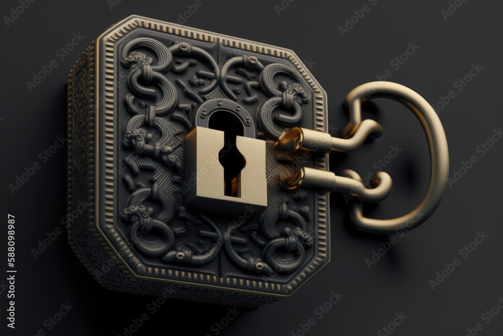 Giant high detailed golden lock, Abstract metal lock mechanism see thru ...