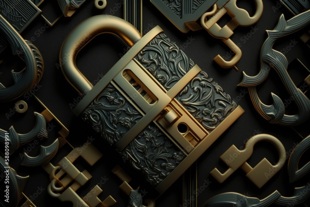 Giant high detailed golden lock, Abstract metal lock mechanism see thru ...