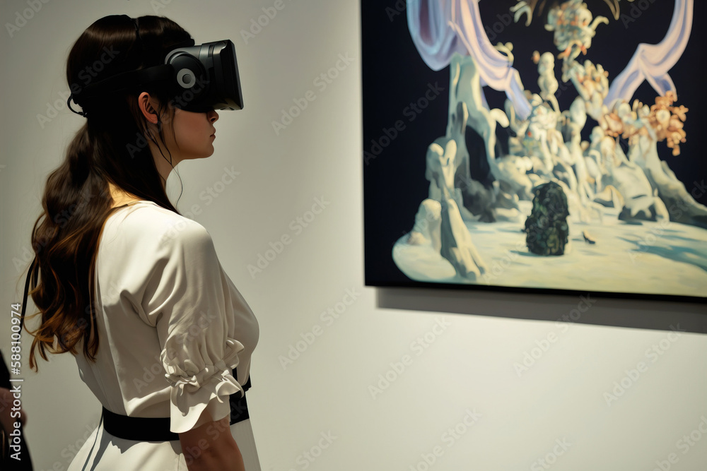 Woman wearing elegant dress and VR goggles exploring an augmented ...