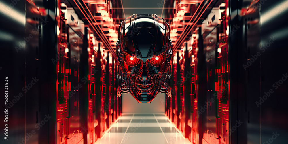 Evil AI face in data center. Danger of strong artificial intelligence ...