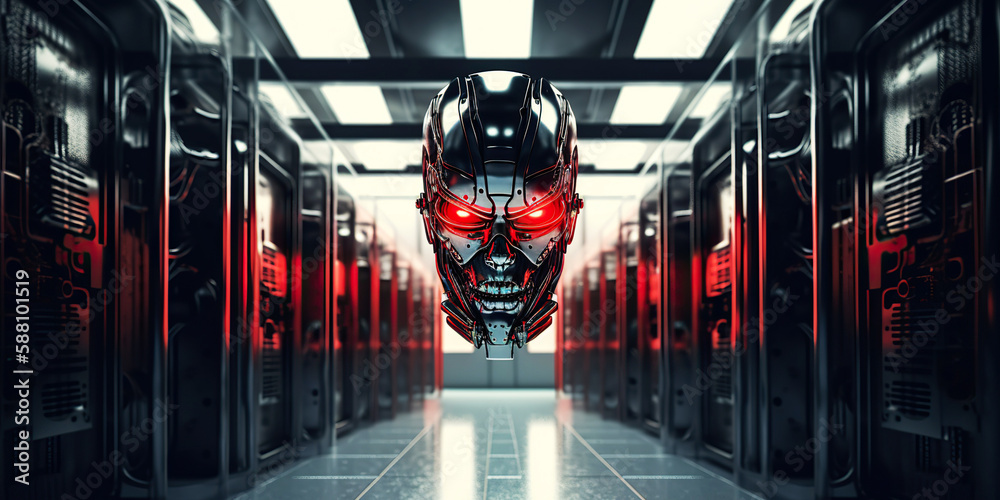Evil AI face in data center. Danger of strong artificial intelligence ...