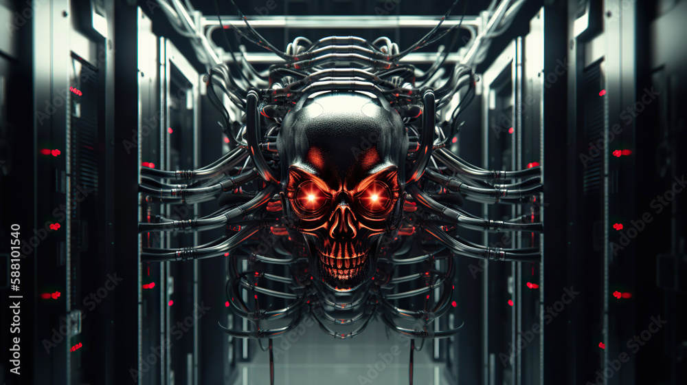 Evil AI face in data center. Danger of strong artificial intelligence ...
