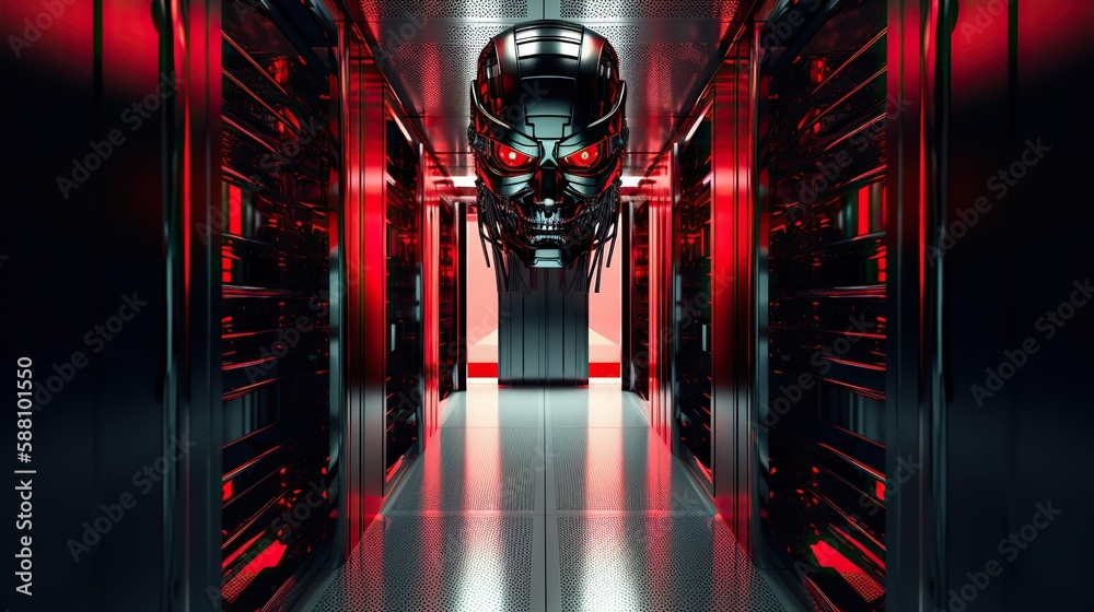 Evil AI face in data center. Danger of strong artificial intelligence ...