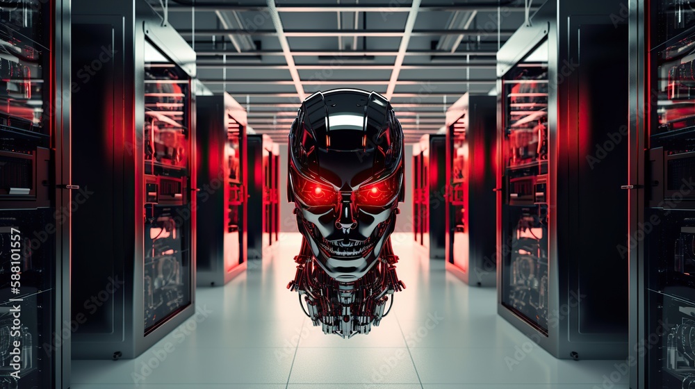 Evil AI face in data center. Danger of strong artificial intelligence ...