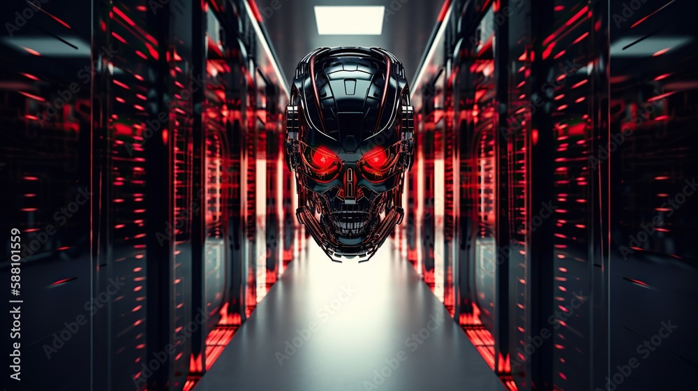 Evil AI face in data center. Danger of strong artificial intelligence ... Evil AI face in data center. Danger of strong artificial intelligence ...