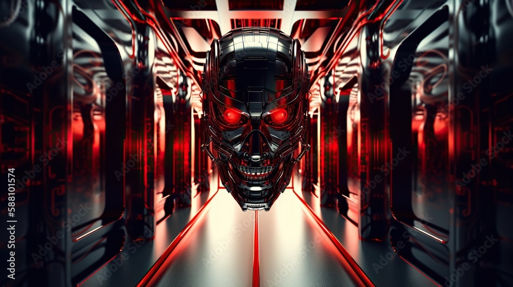 ภาพประกอบสต็อก Evil AI face in data center. Danger of strong artificial ...