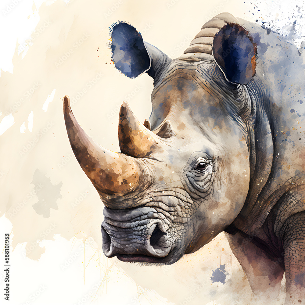 Watercolor rhino close up Stock Illustration | Adobe Stock